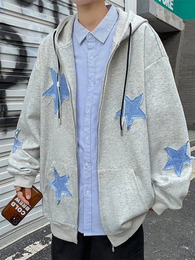 Y2k Zip up Star Denim Hoodie, Embroidered Streetwear Hoodie, Y2k ...