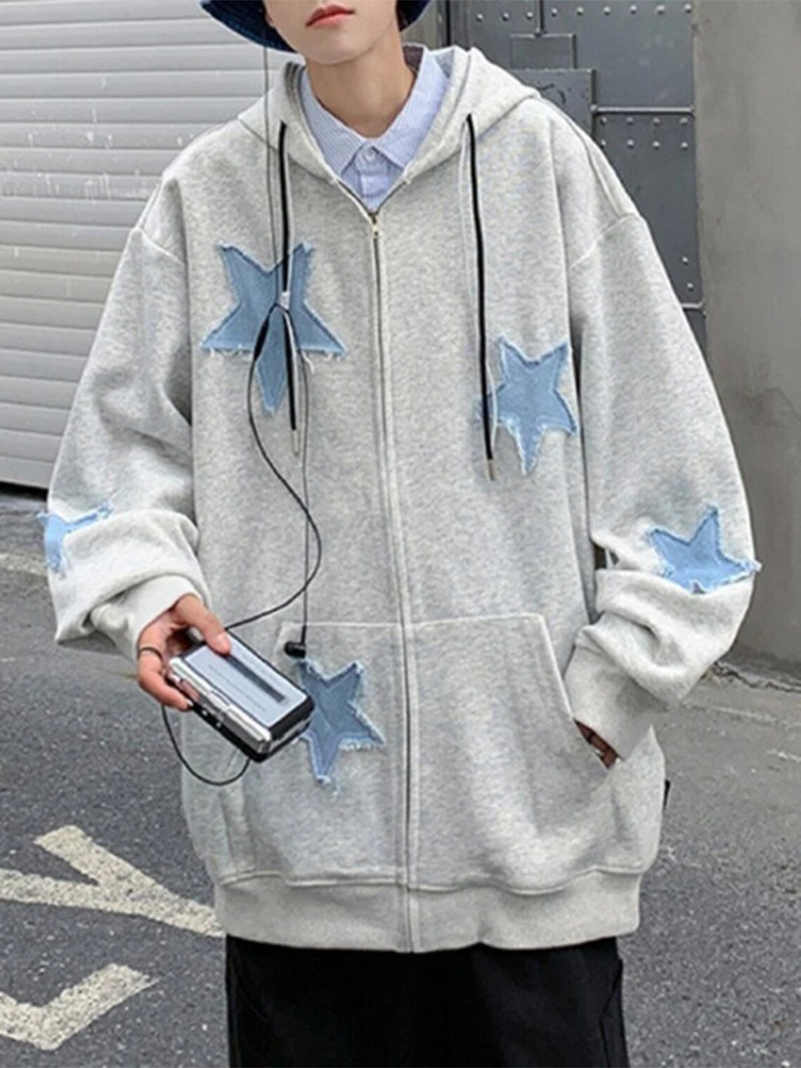 Y2k Zip up Star Denim Hoodie, Embroidered Streetwear Hoodie, Y2k ...