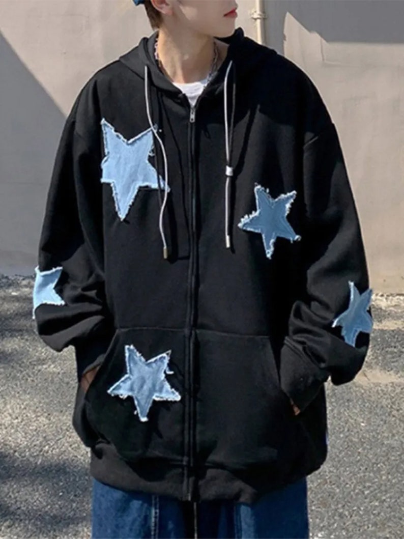 Y2k Zip up Star Denim Hoodie, Embroidered Streetwear Hoodie, Y2k ...