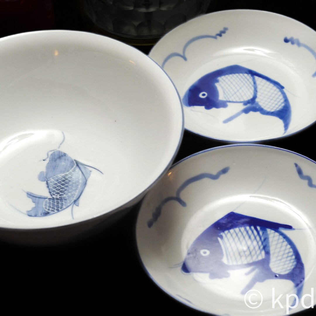 Vintage Dinner Set for Two. One Large Chinese Koi Fish Blue and White ...