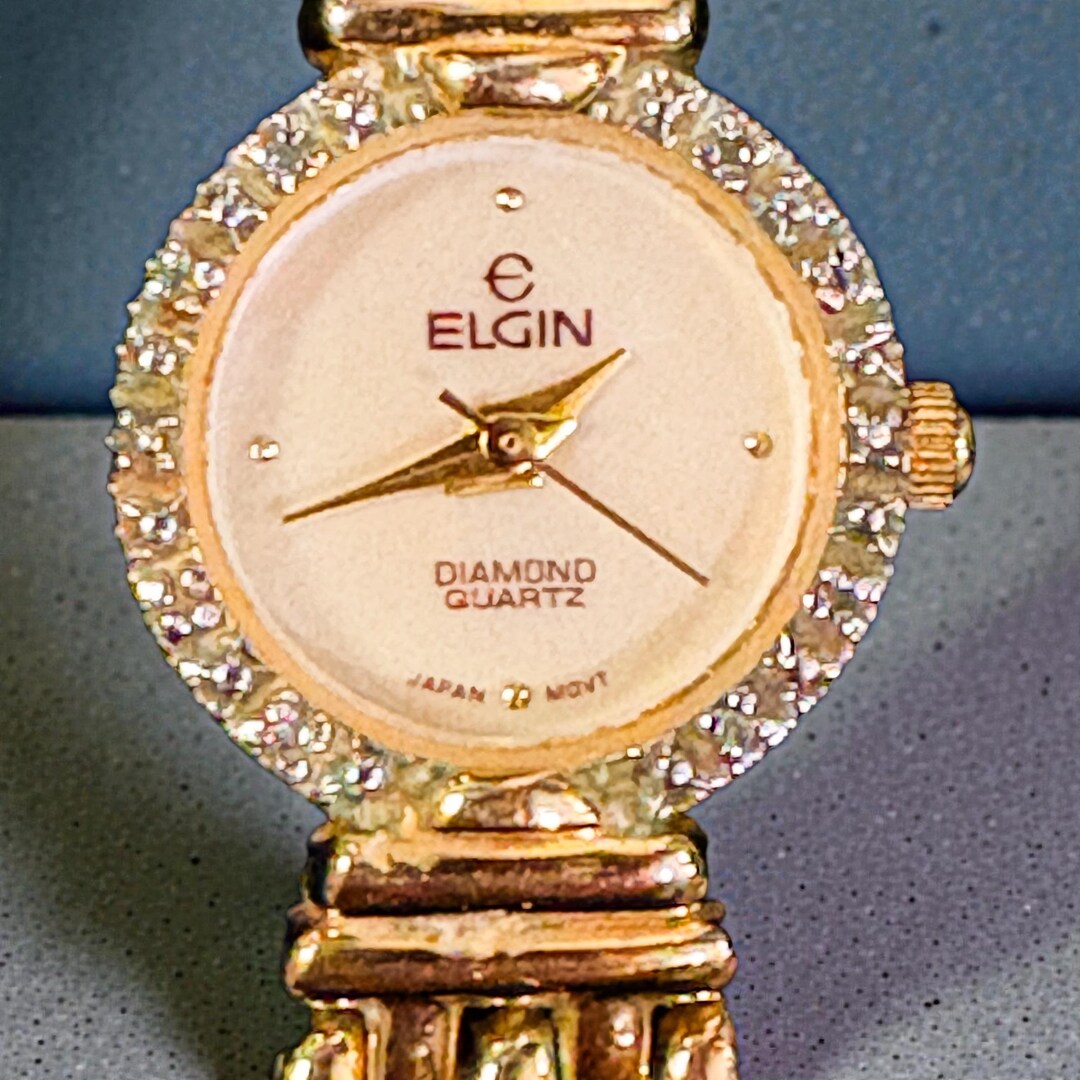 Vintage Elgin Diamond Quartz Watch: Gold-tone Bracelet, Champagne Dial ...