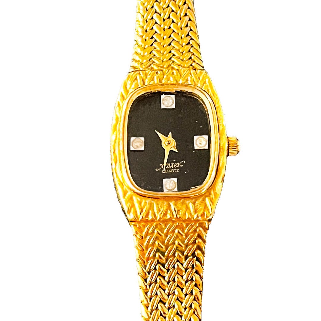 Vintage Gold Xavier Quartz Wrist Watch With Black Rectangle Mesh Band ...