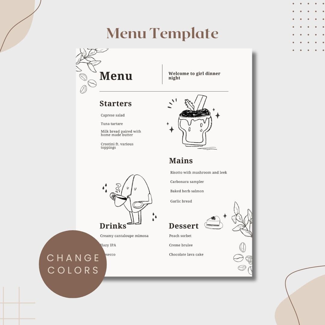 Black and White Cute Menu Template, Hand Drawn, Printable Dinner Menu ...