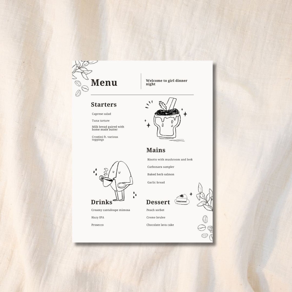 Black and White Cute Menu Template, Hand Drawn, Printable Dinner Menu ...