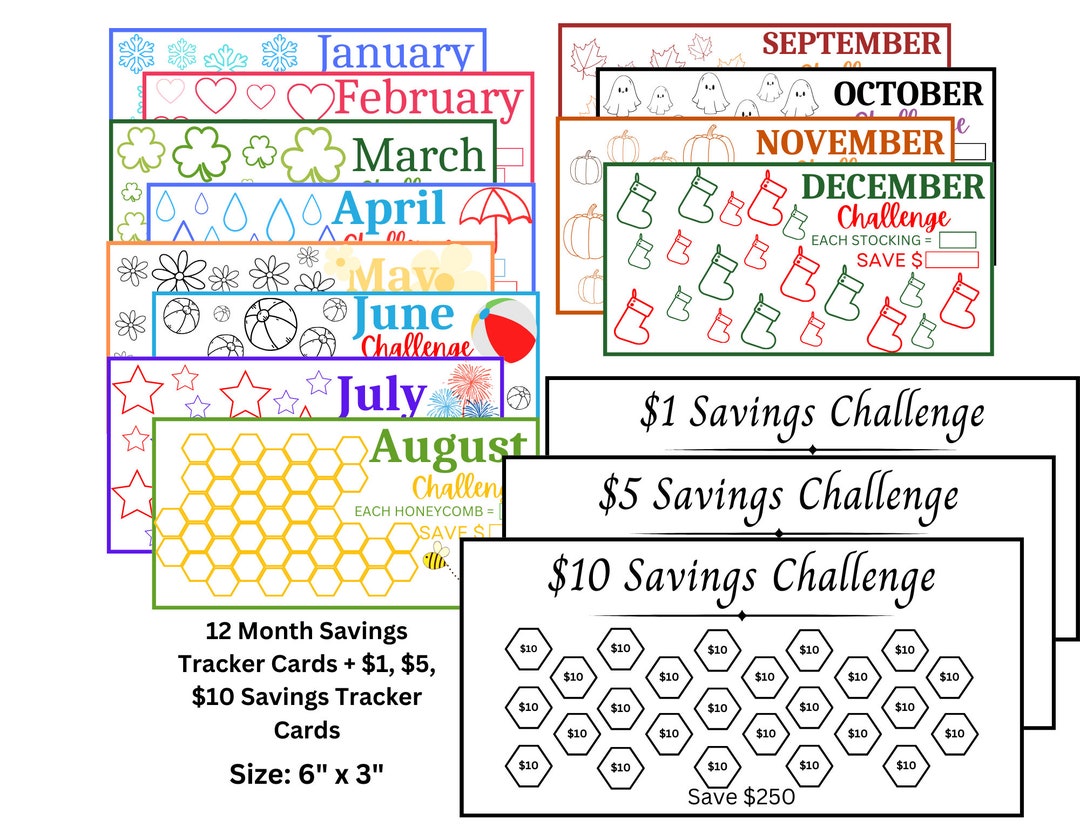 12 Month Savings Tracker Cards + 3 Bonus Savings Trackers 6"x3" Size - Etsy