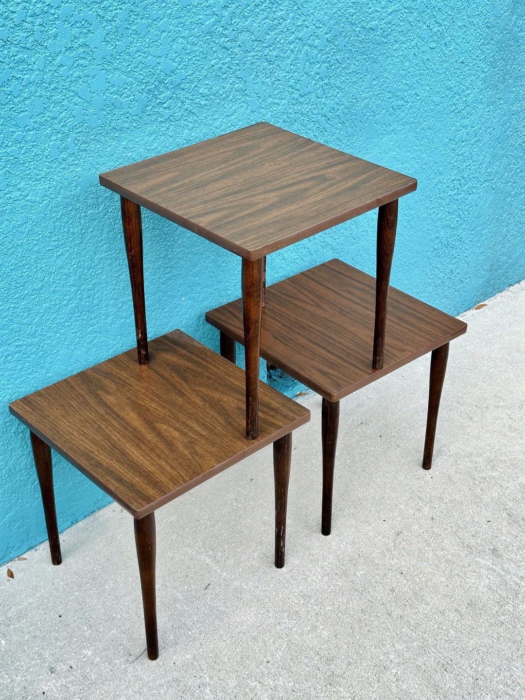 Set of 3 Mid Century Danish Modern Square Formica Woodgrain Stacking ...