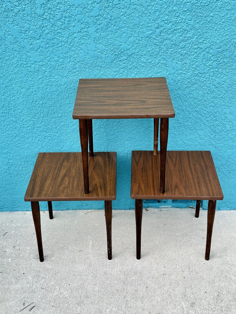 Set of 3 Mid Century Danish Modern Square Formica Woodgrain Stacking ...
