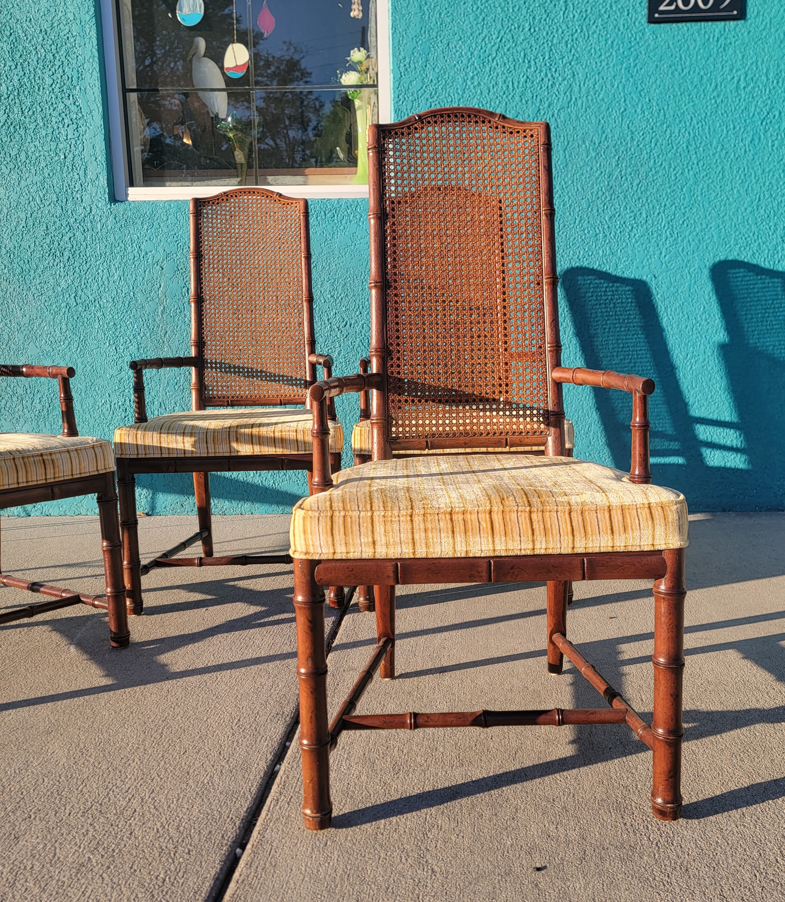 Mid Century Henredon Caned Back Faux Rattan Captain Dining Chairs 4 - Etsy