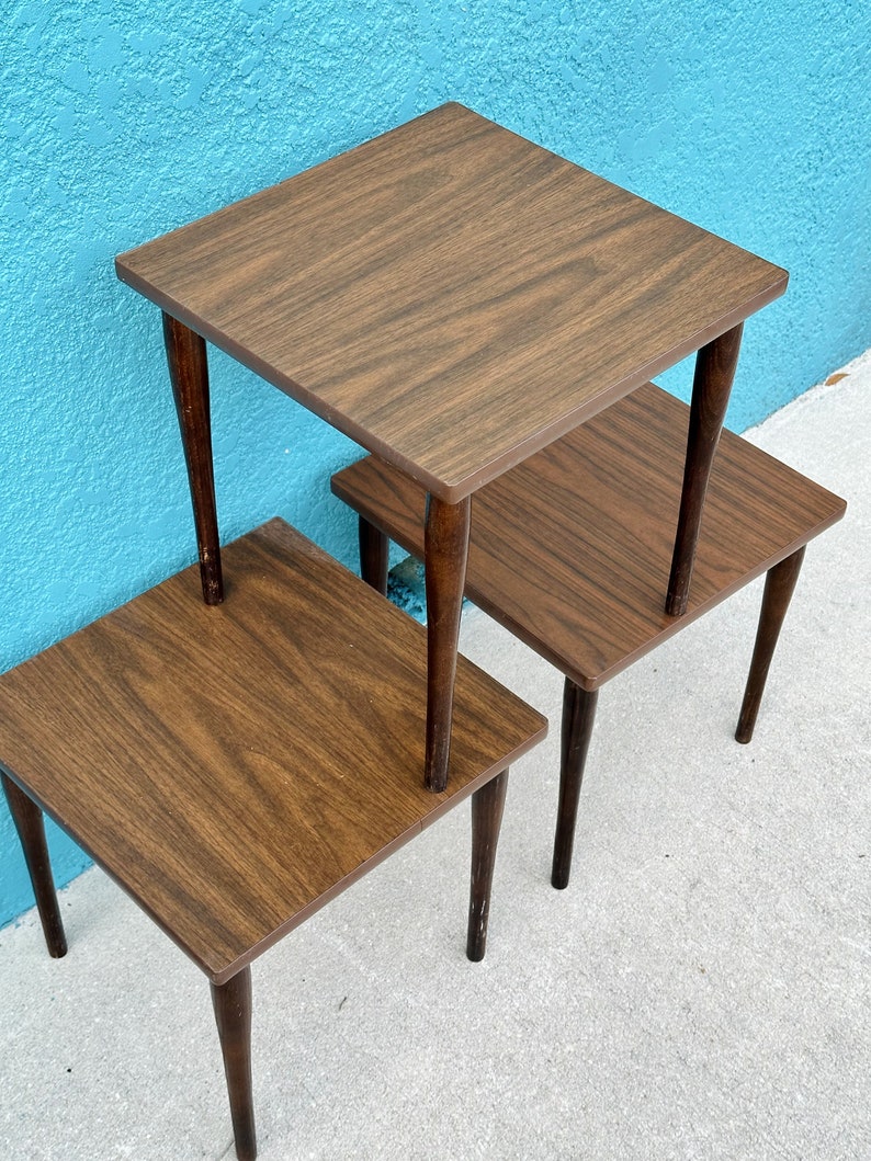 Set of 3 Mid Century Danish Modern Square Formica Woodgrain Stacking Nest Tables - Etsy