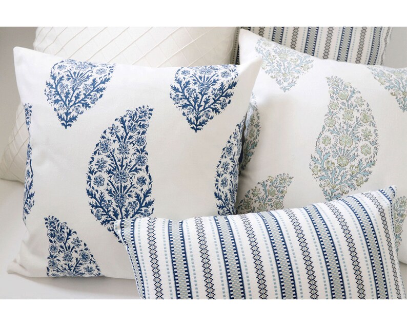 Blue and Green Floral Bohemian Throw Pillow Covers Stripe Solid Cream ...