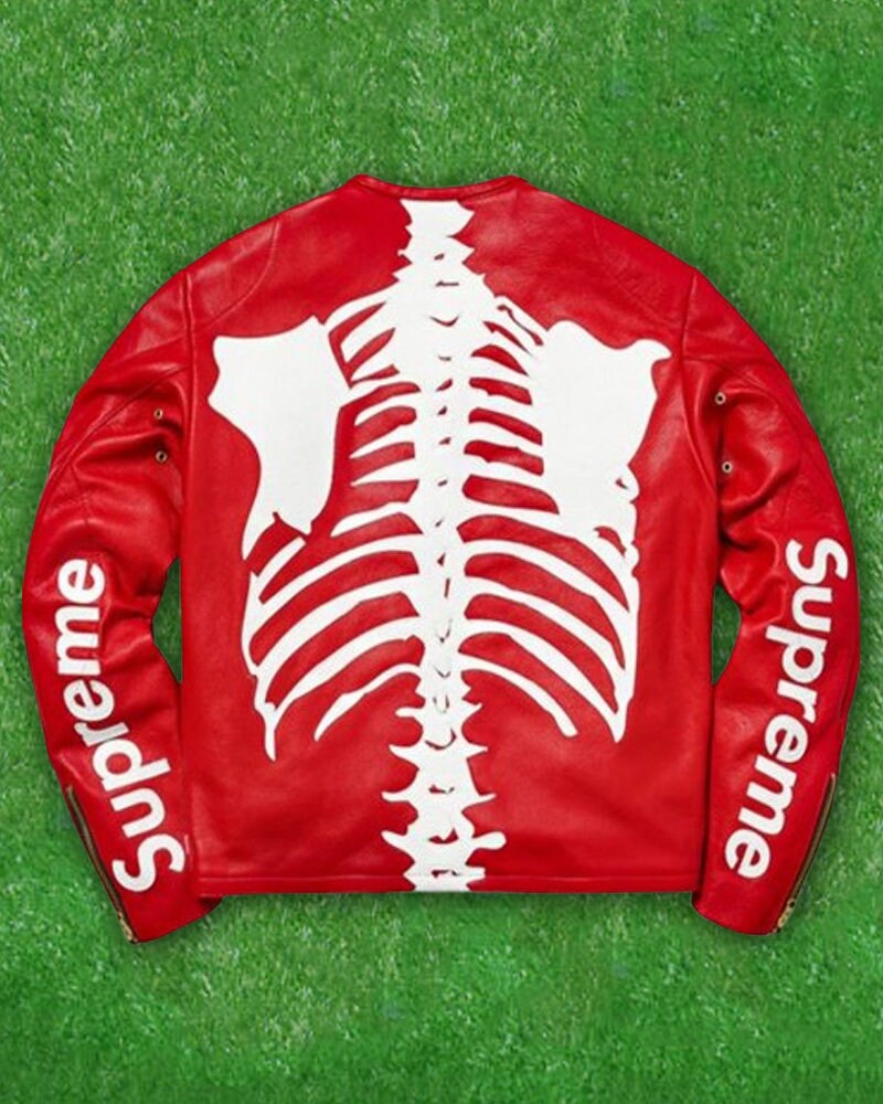 Men's Cafe Racer Handmade Quilted Motorcycle Skeleton Bones Red Leather ...