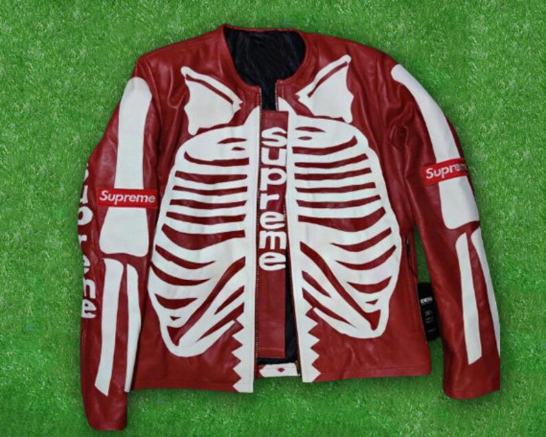 Men's Cafe Racer Handmade Quilted Motorcycle Skeleton Bones Red Leather ...