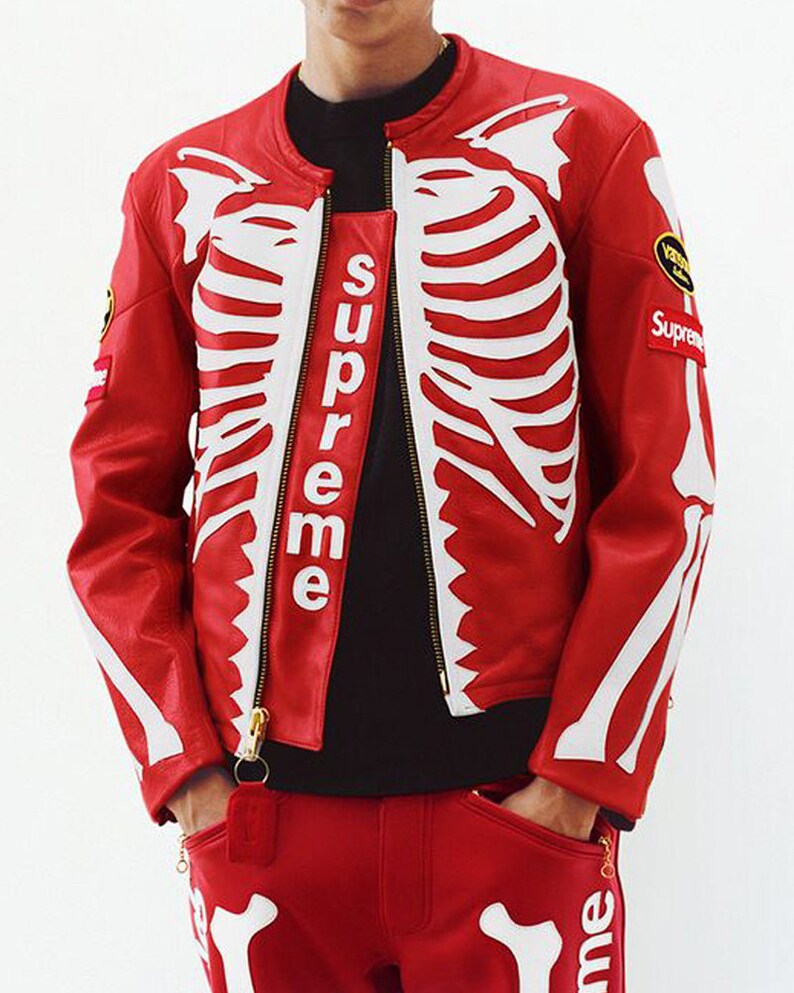 Men's Cafe Racer Handmade Quilted Motorcycle Skeleton Bones Red Leather ...
