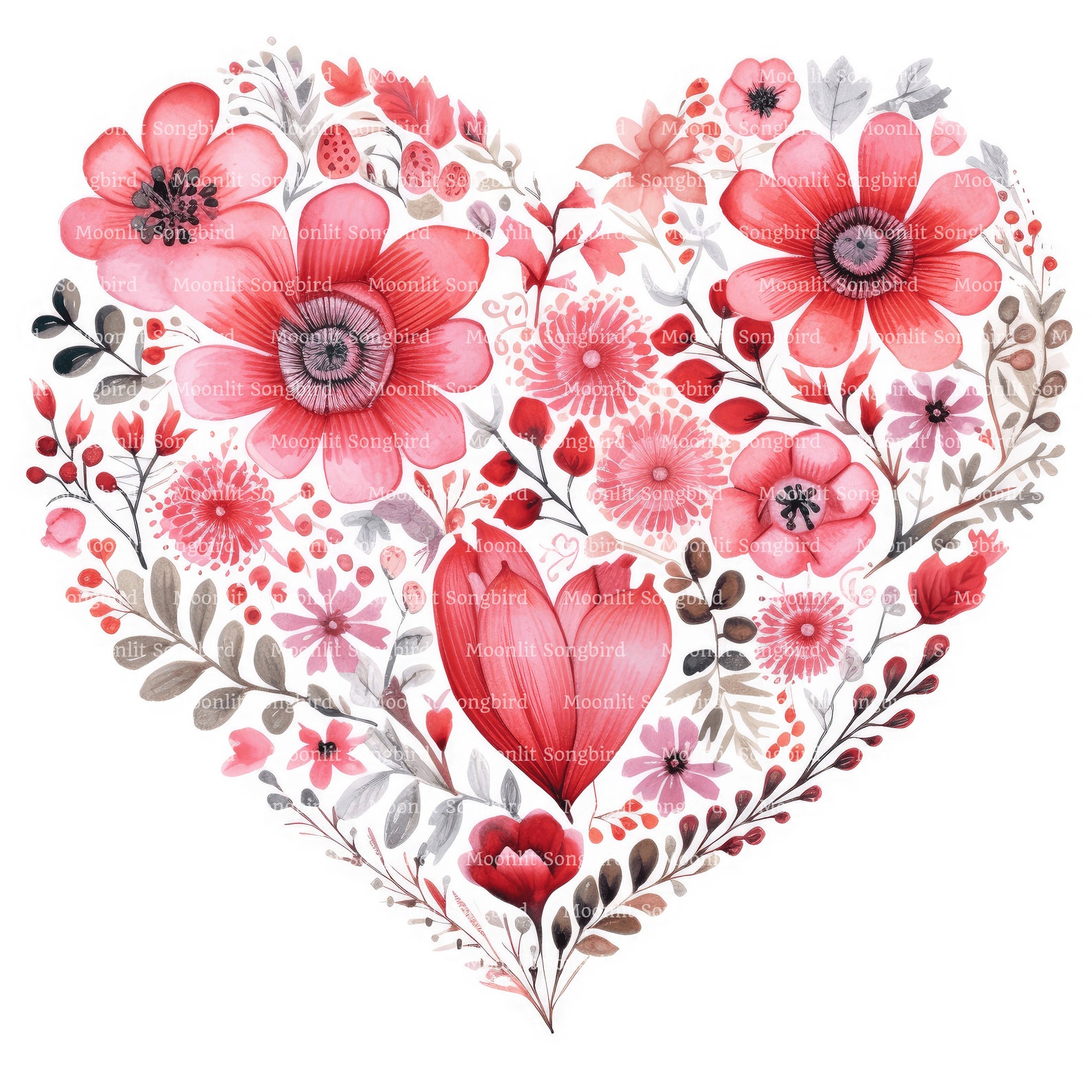 10 Floral Hearts Clipart, Digital Download, Printable Watercolor Card ...