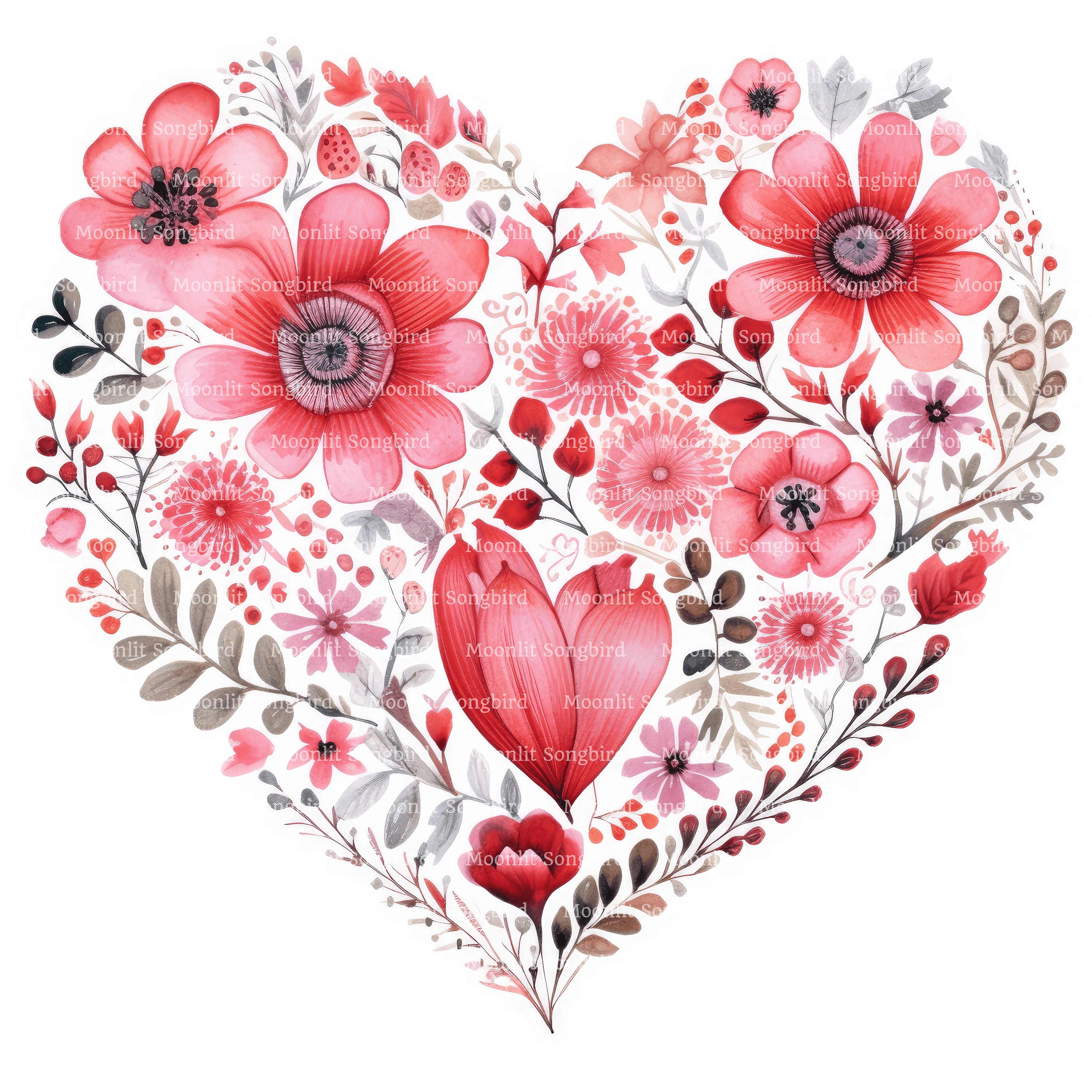 10 Floral Hearts Clipart, Digital Download, Printable Watercolor Card ...