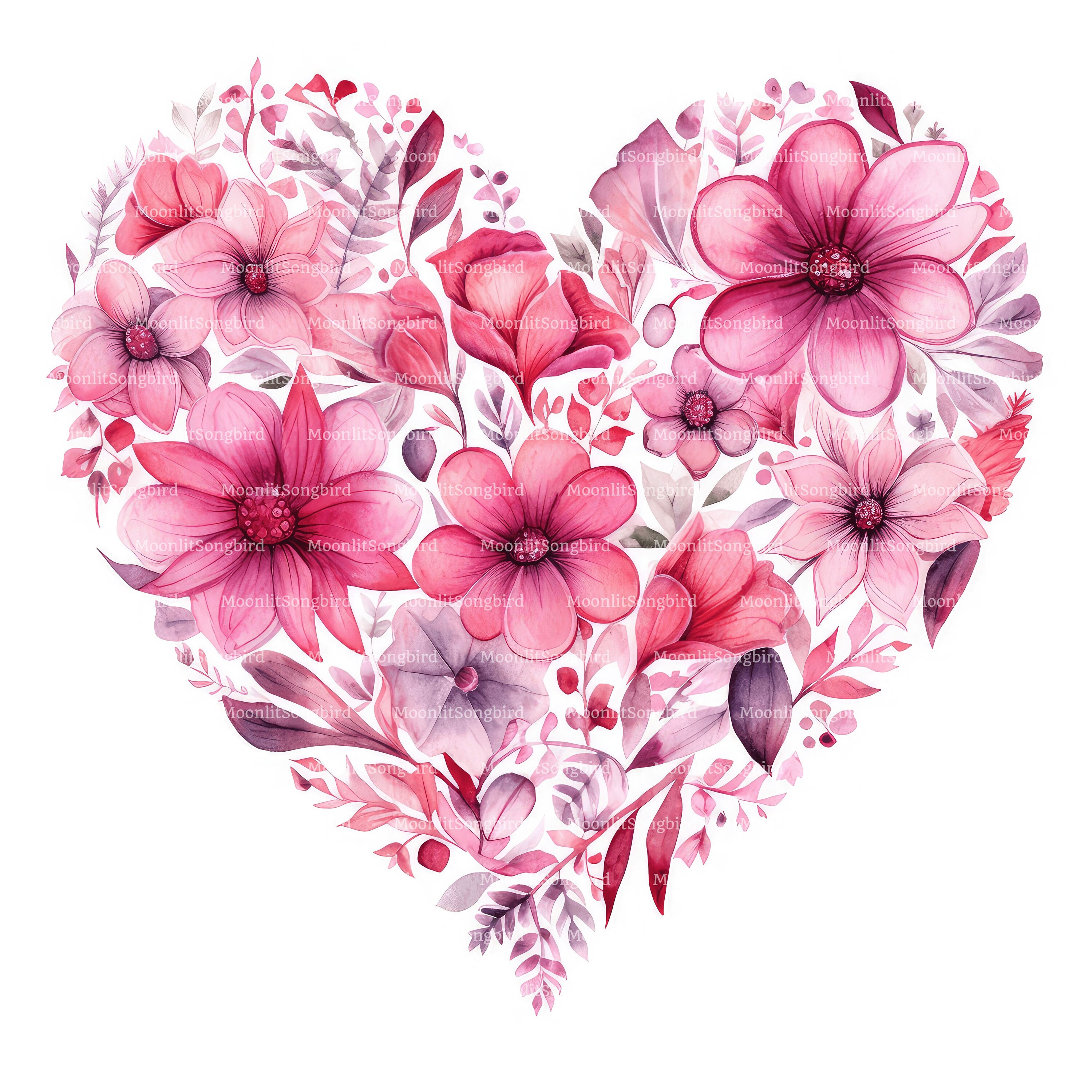 11 Pink Floral Hearts Clipart, Digital Download, Printable Watercolor ...