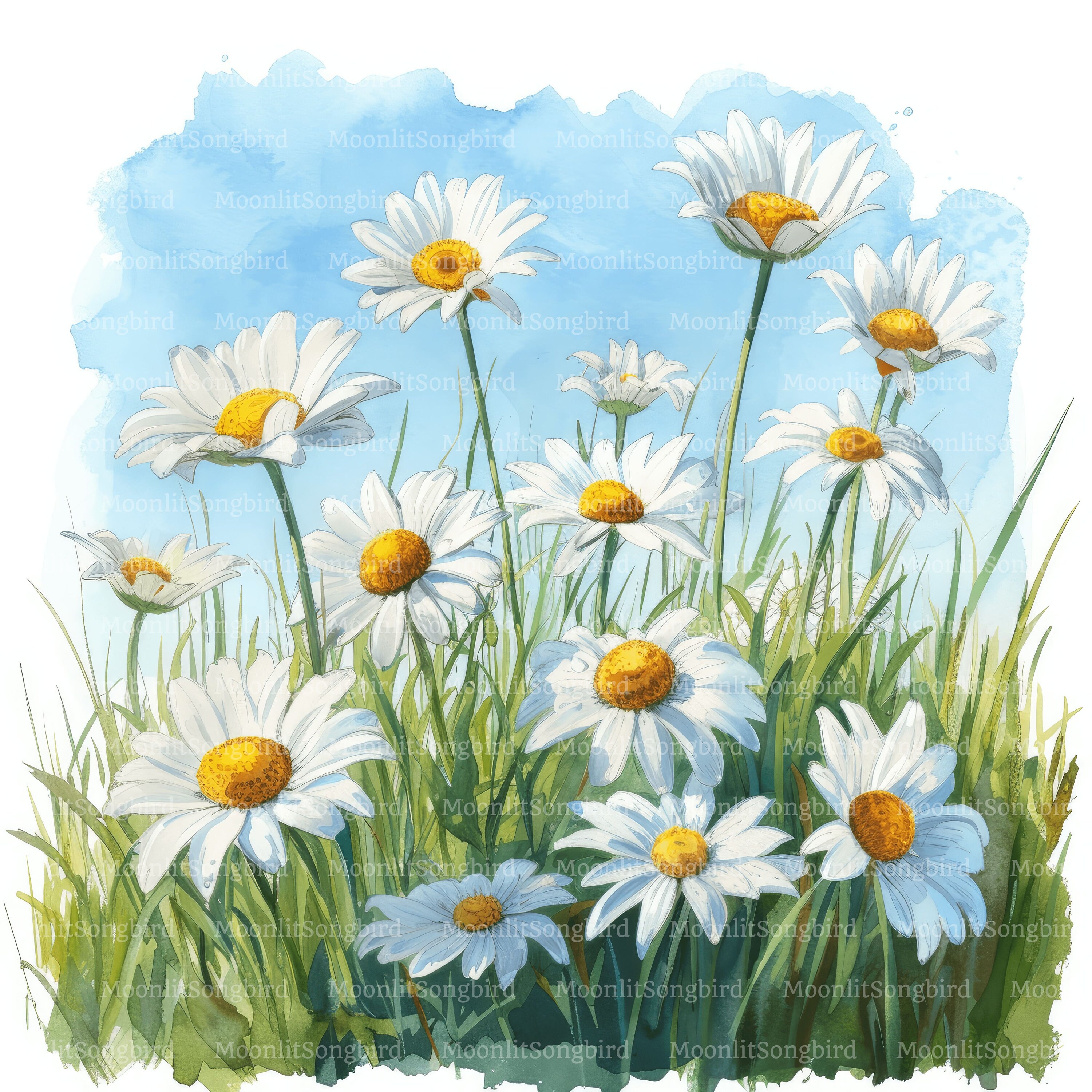10 Field of Daisies Clipart, Digital Download, Printable Watercolor ...