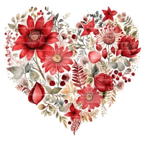 15 Red Floral Hearts Clipart, Digital Download, Printable Watercolor ...