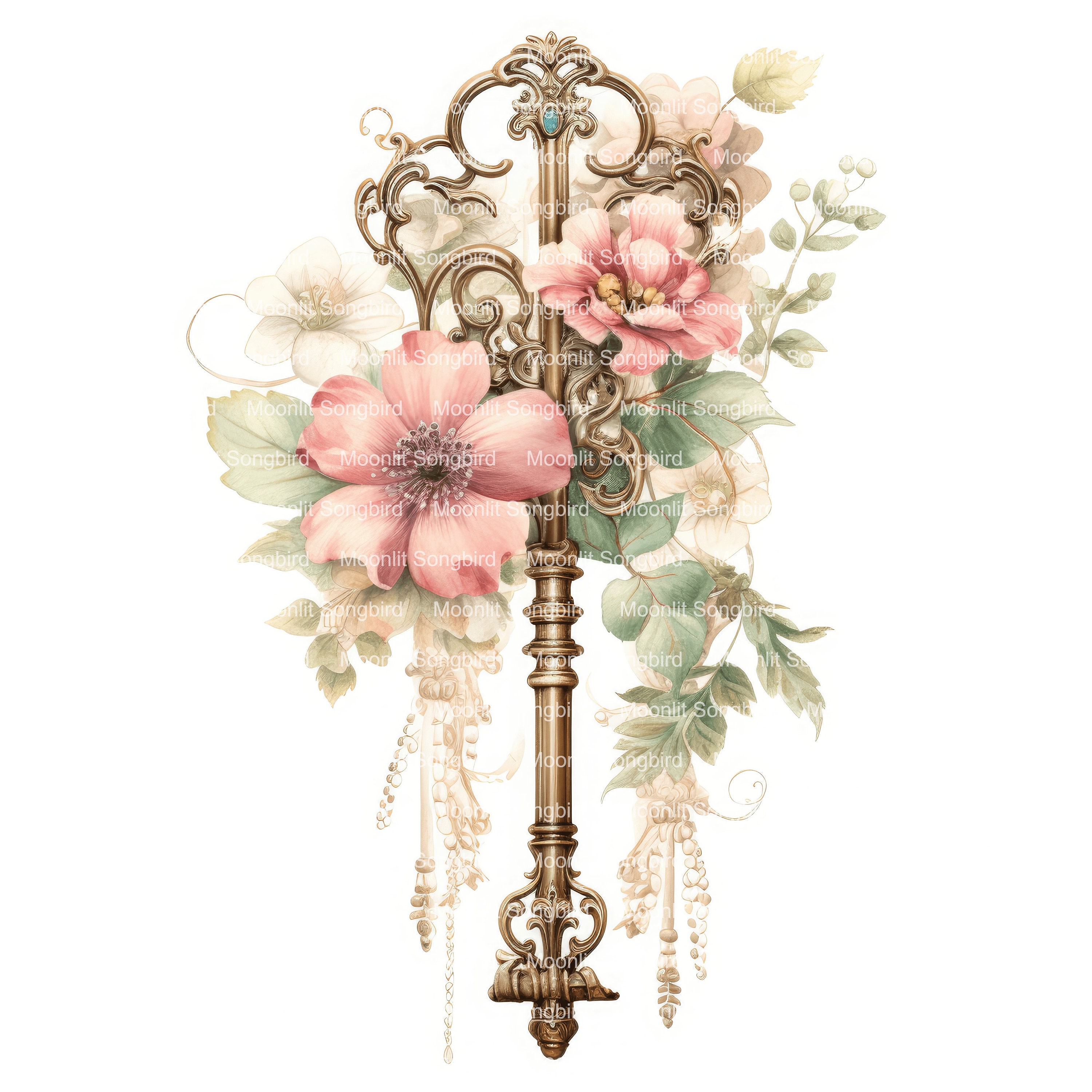 Vintage Key With Flowers Clipart, Printable Watercolor (digital ...