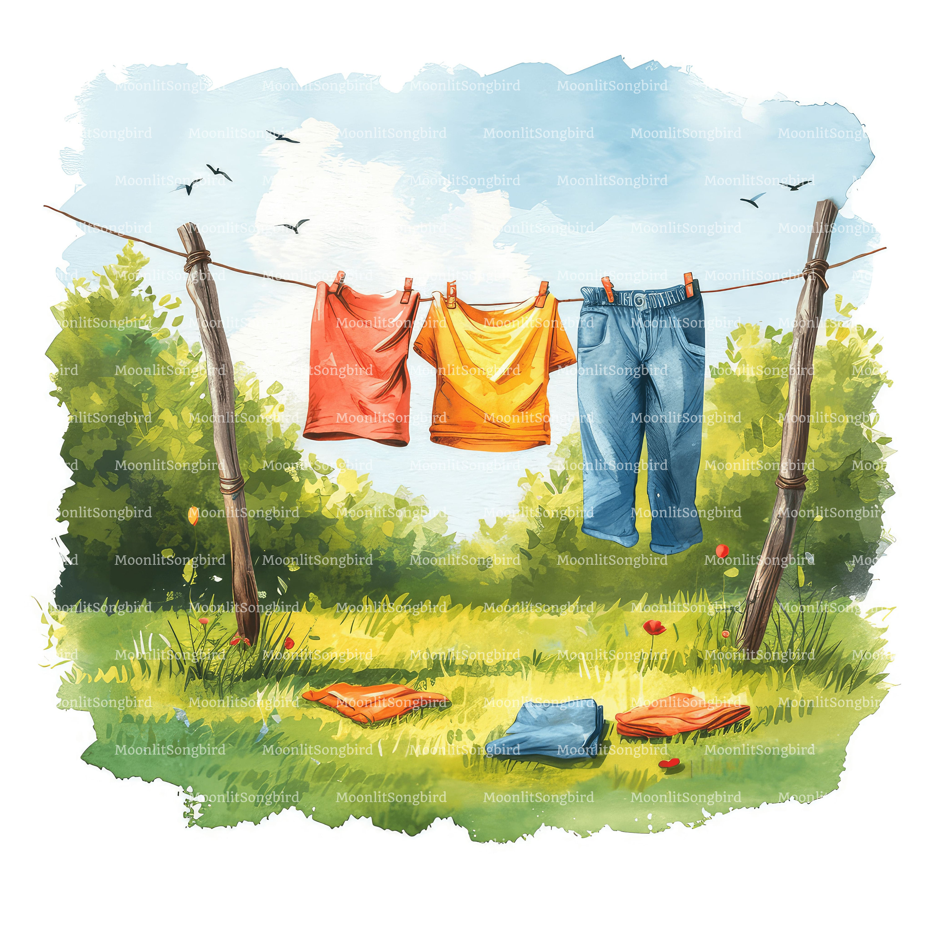 12 Laundry Drying on Clothesline Clipart, Digital Download, Printable ...