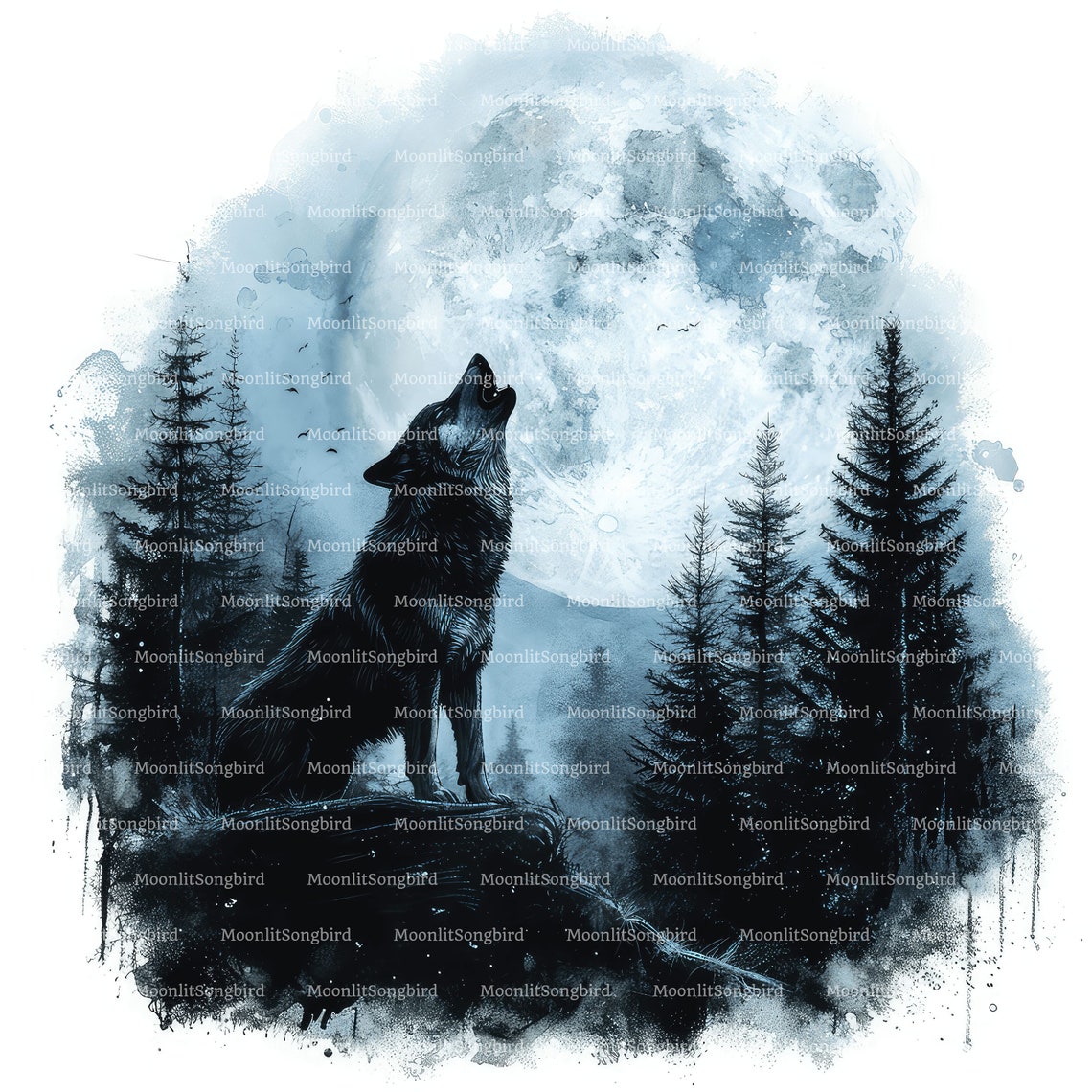 12 Wolf Howling at Moon Clipart, Digital Download, Printable Watercolor ...