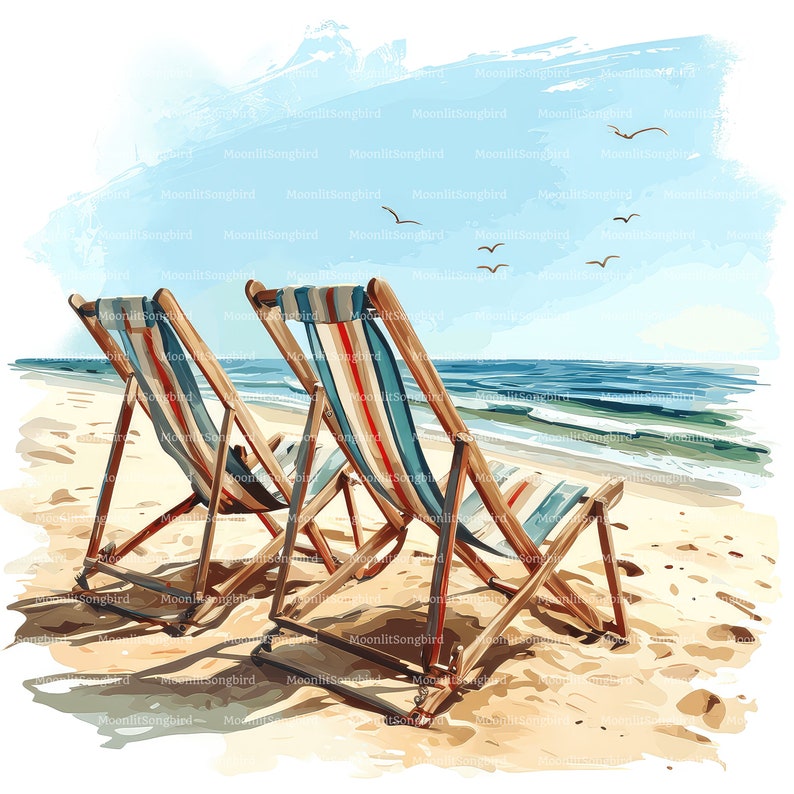 12 Beach Chairs Clipart, Digital Download, Printable Watercolor Clipart ...