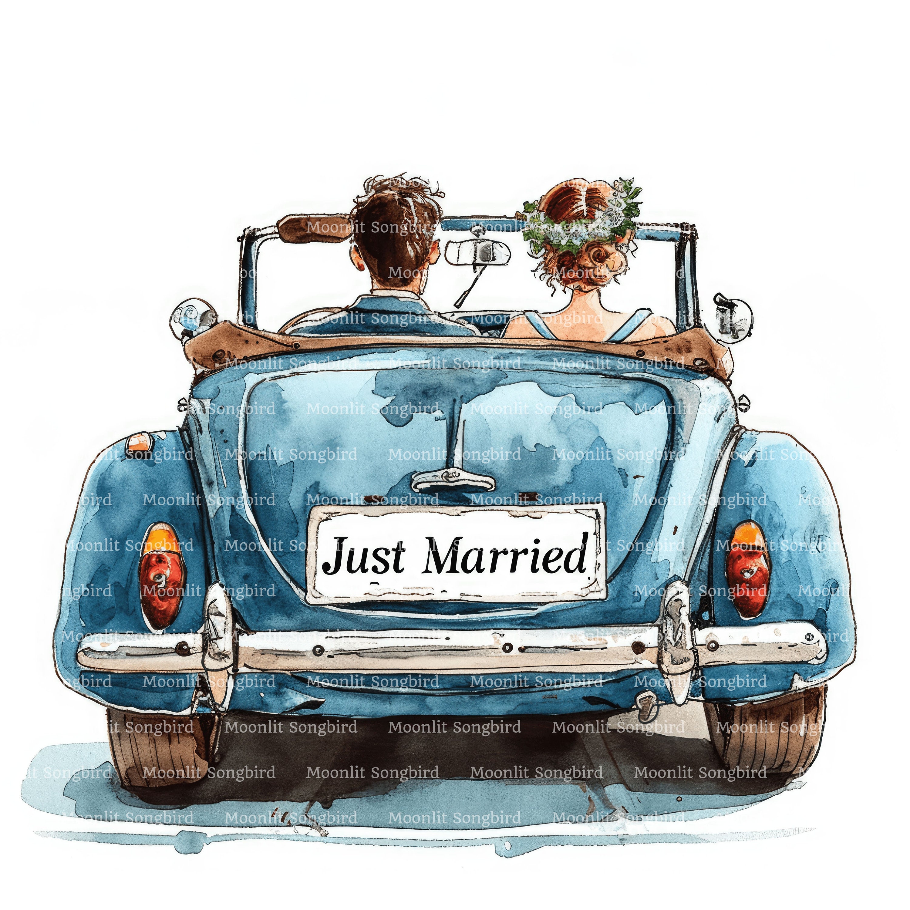 12 Just Married Car With Bride and Groom Clipart, Digital Download, Printable Watercolor Clipart ...