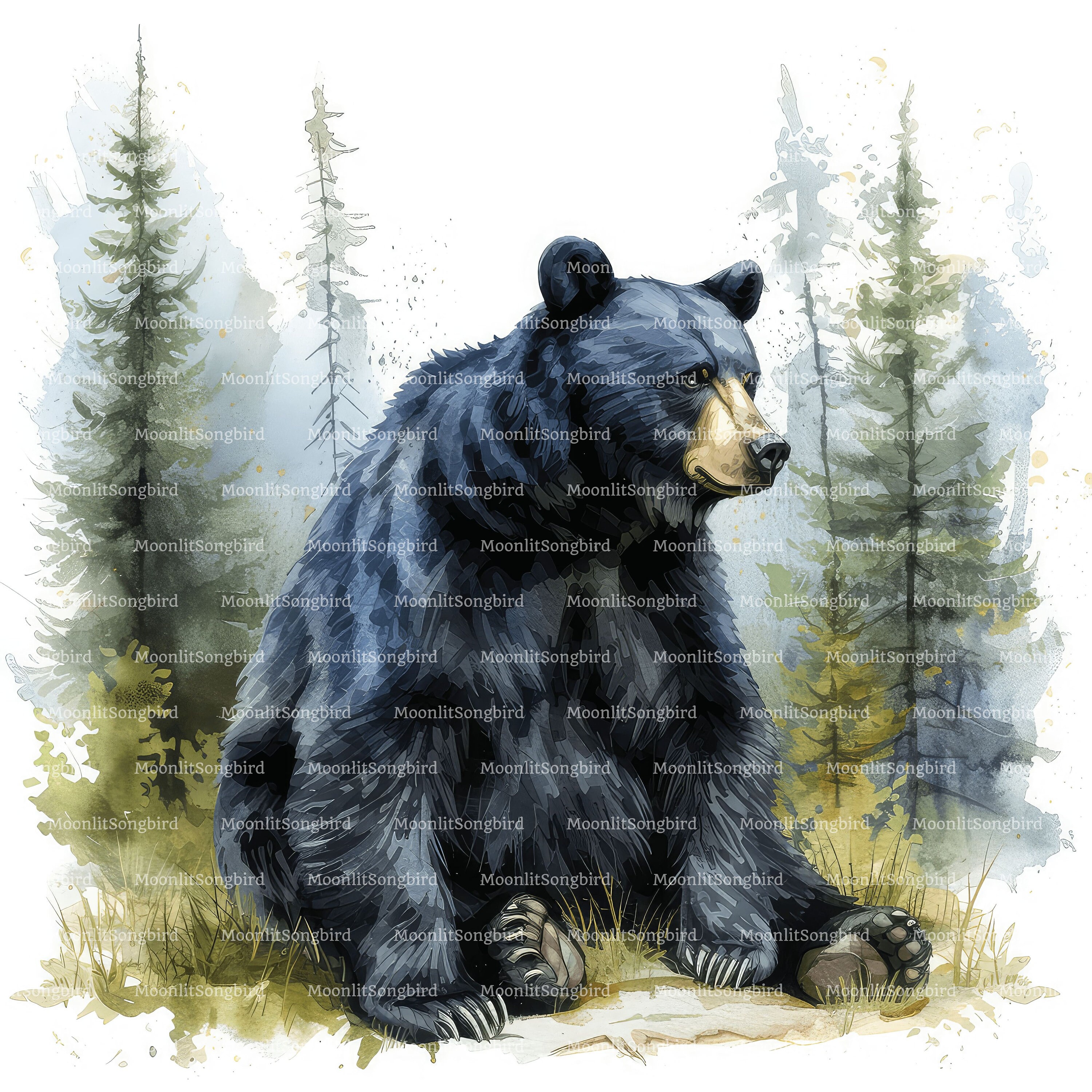 12 Black Bear in Forest Clipart, Digital Download, Printable Watercolor ...