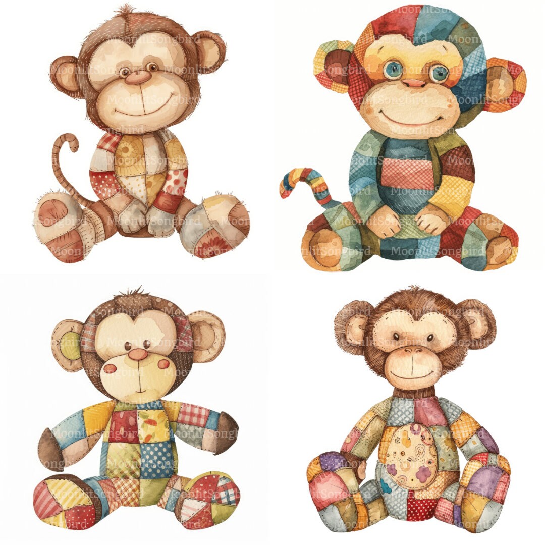 14 Patchwork Monkey Clipart, Digital Download, Printable Watercolor Clipart, Paper Crafts ...