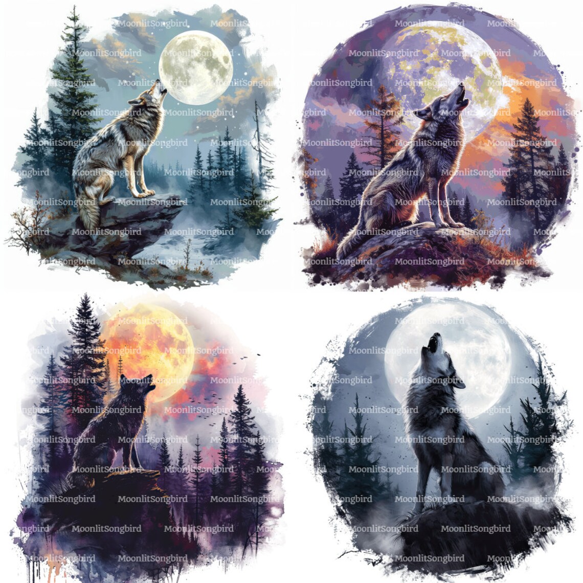 12 Wolf Howling at Moon Clipart, Digital Download, Printable Watercolor ...