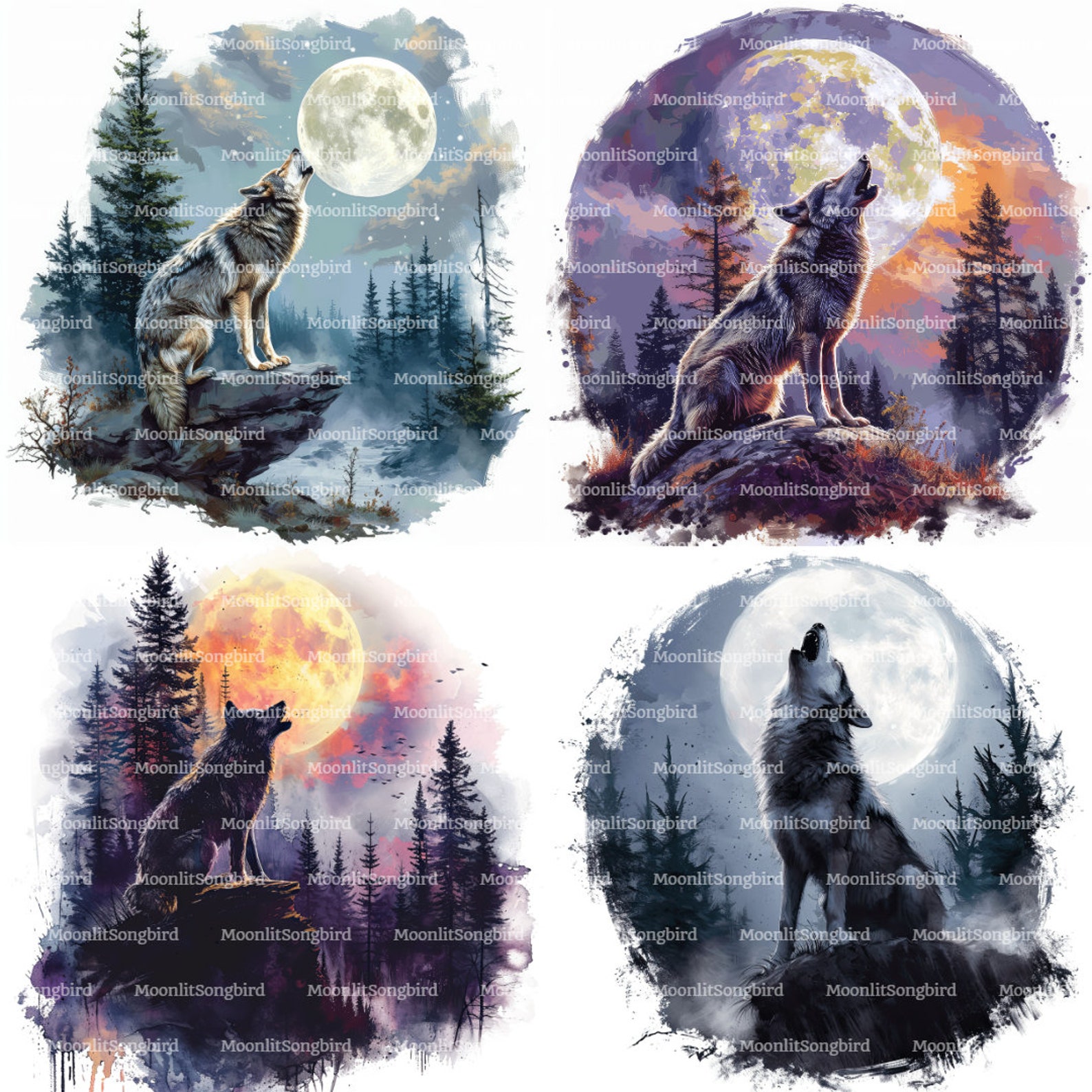 12 Wolf Howling at Moon Clipart, Digital Download, Printable Watercolor ...