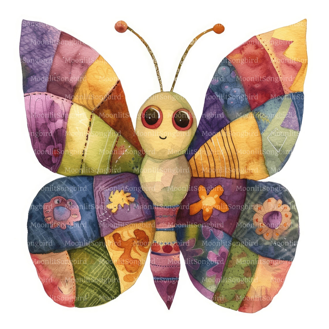 12 Patchwork Butterfly Clipart, Digital Download, Printable Watercolor Clipart, Paper Crafts ...