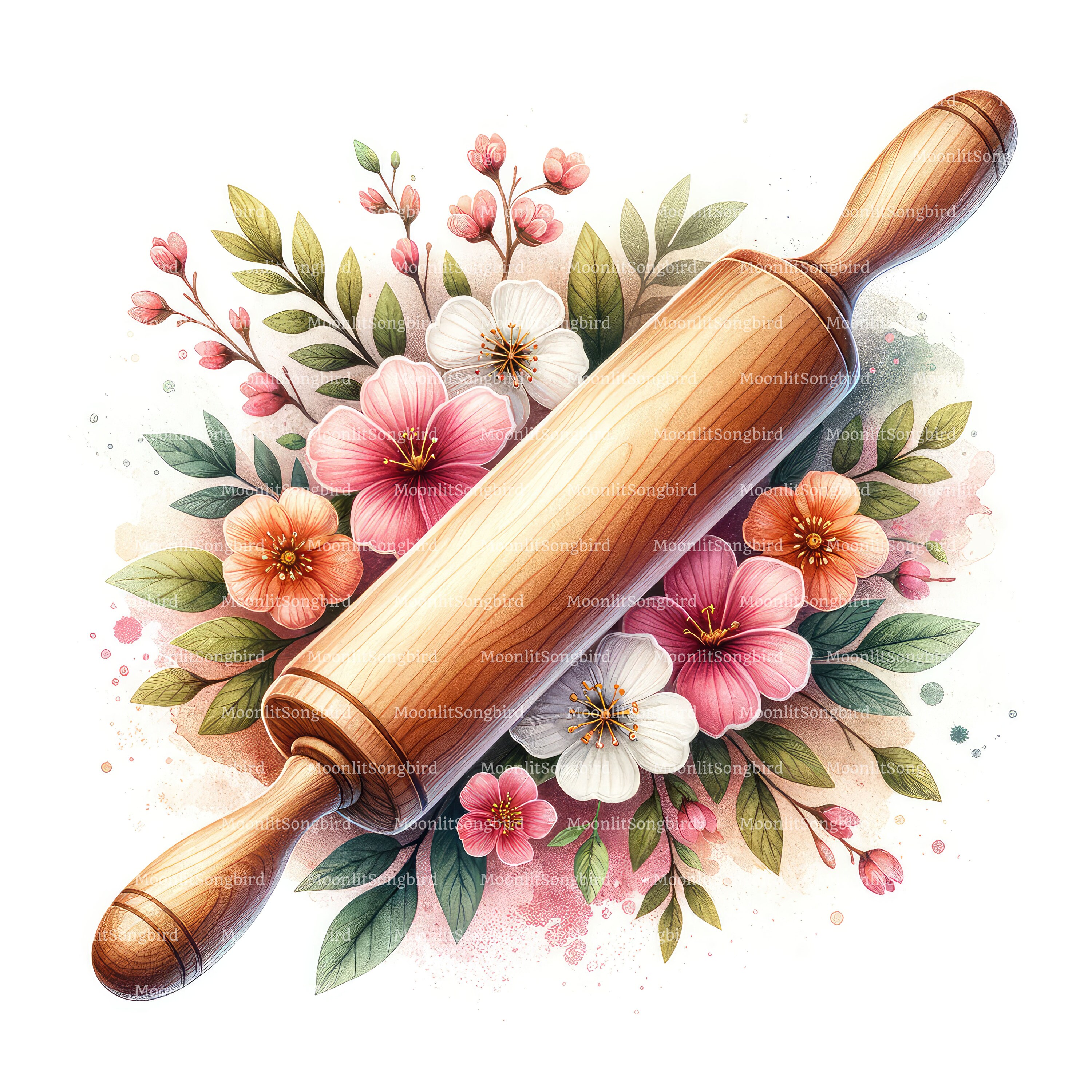 10 Floral Rolling Pins Clipart, Digital Download, Printable Watercolor ...