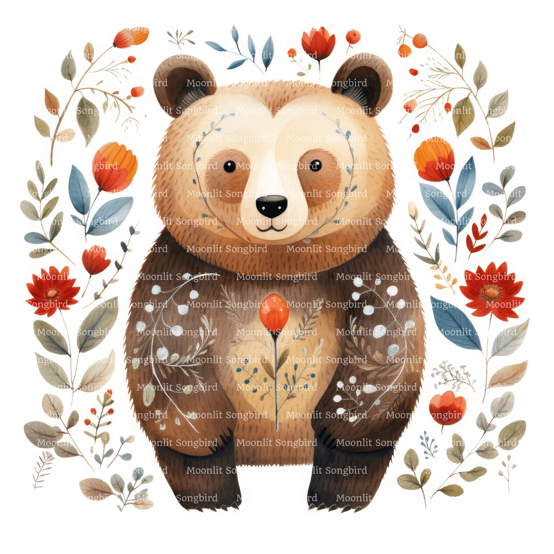 9 Bear Folk Art Clipart, Digital Download, Printable Watercolor Clipart ...