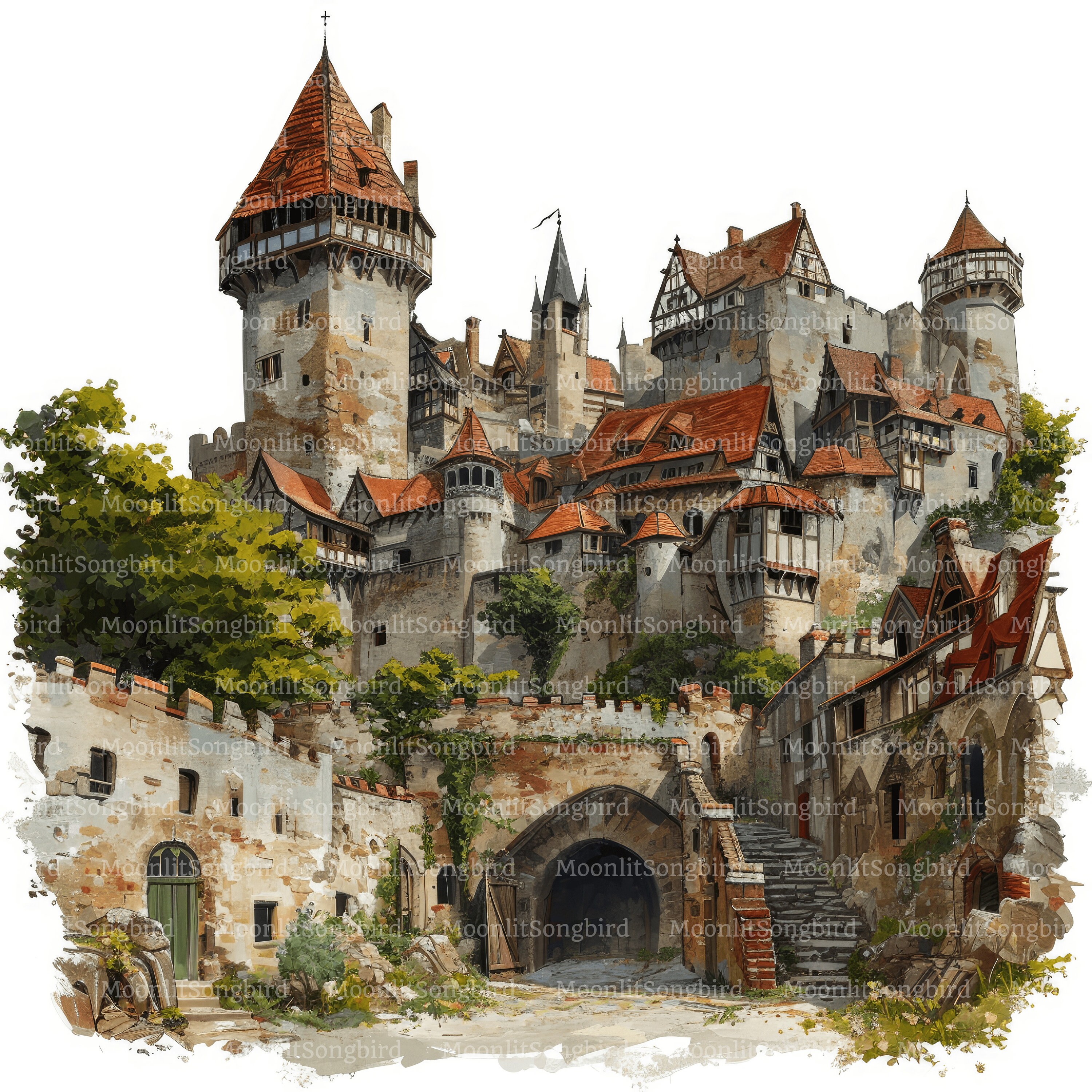 18 Medieval Walled Town Clipart, Digital Download, Printable Watercolor ...