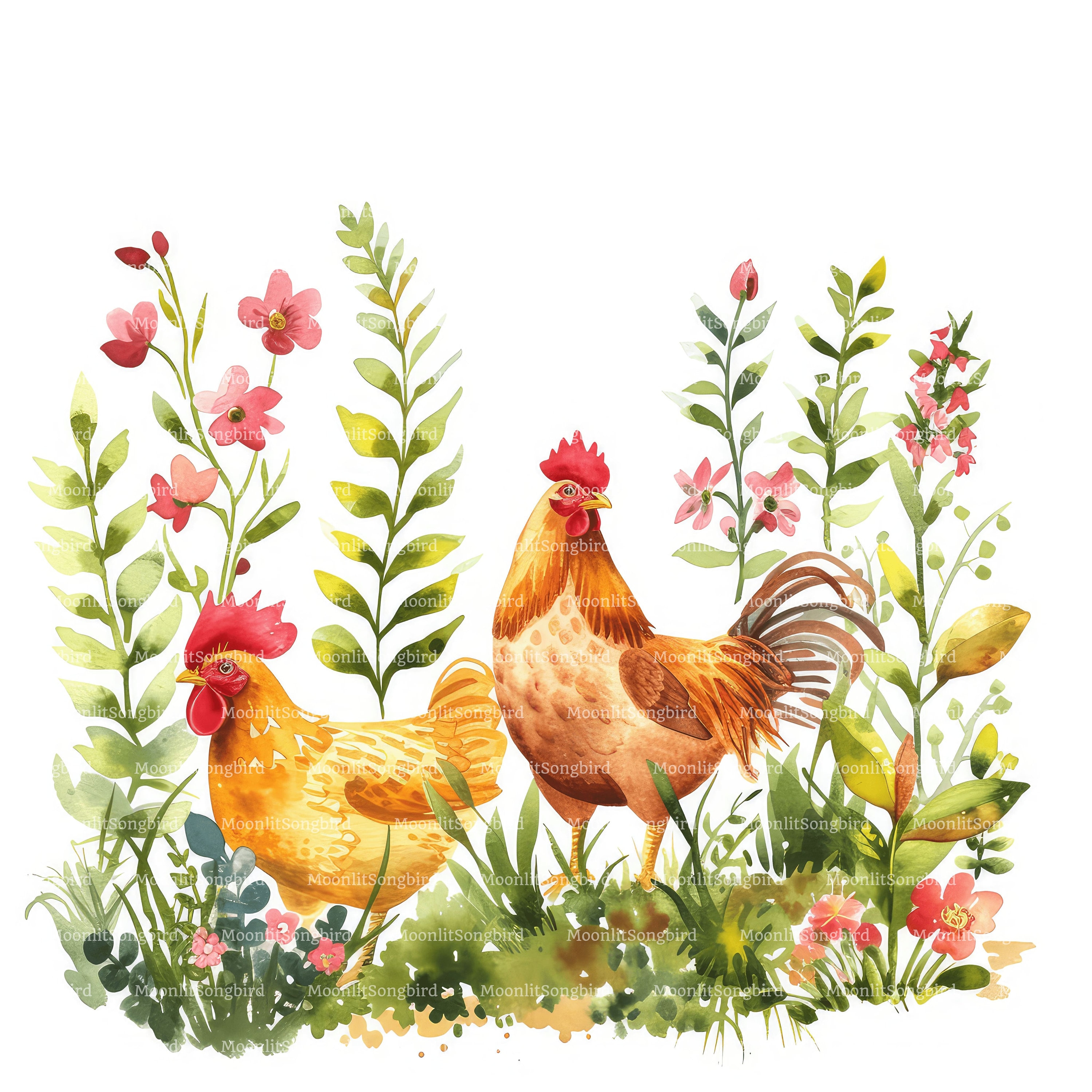 16 Chickens in Flower Garden Clipart, Digital Download, Printable ...