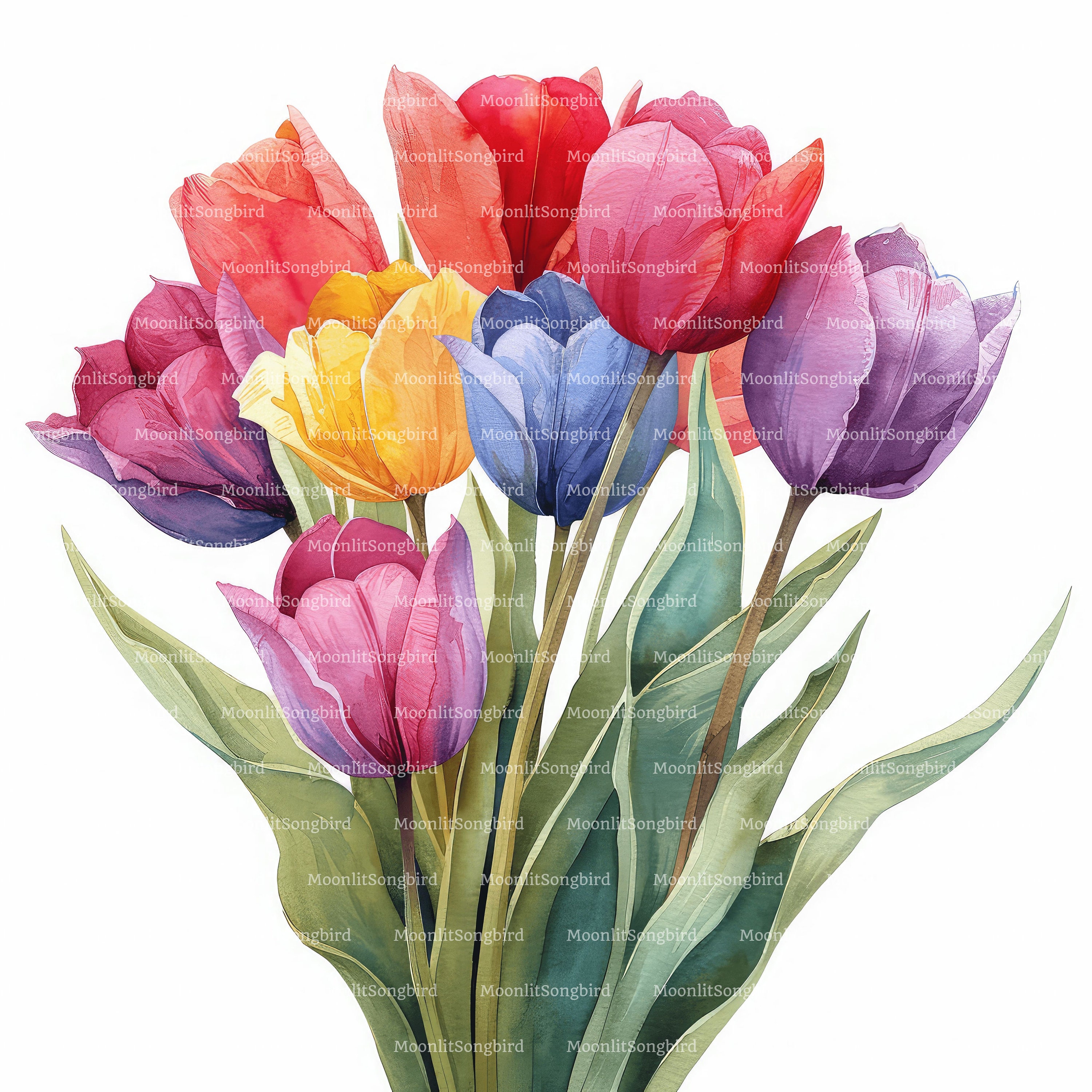 10 Tulip Bouquets Clipart, Digital Download, Printable Watercolor ...