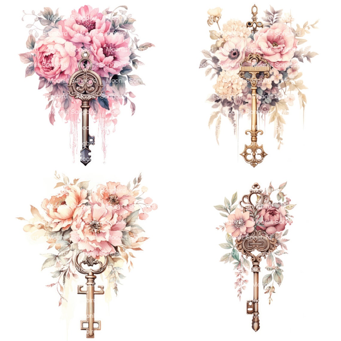 Vintage Key With Flowers Clipart, Printable Watercolor (digital ...