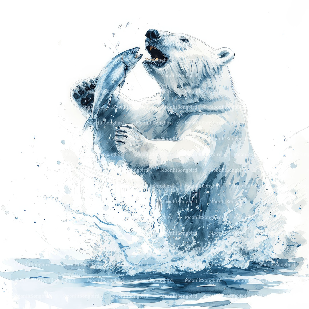9 Polar Bear Catching a Fish Clipart, Digital Download, Printable ...