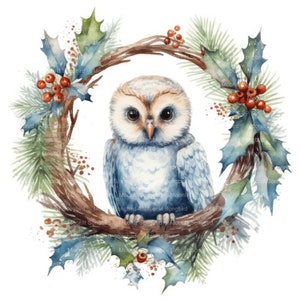 15 Christmas Owl Wreath Clipart, Digital Download, Printable Watercolor ...