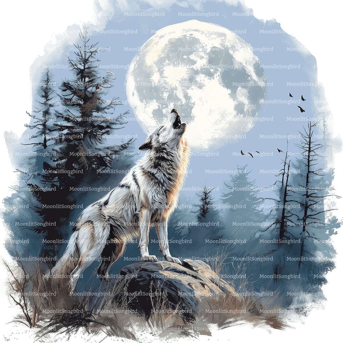 12 Wolf Howling at Moon Clipart, Digital Download, Printable Watercolor ...
