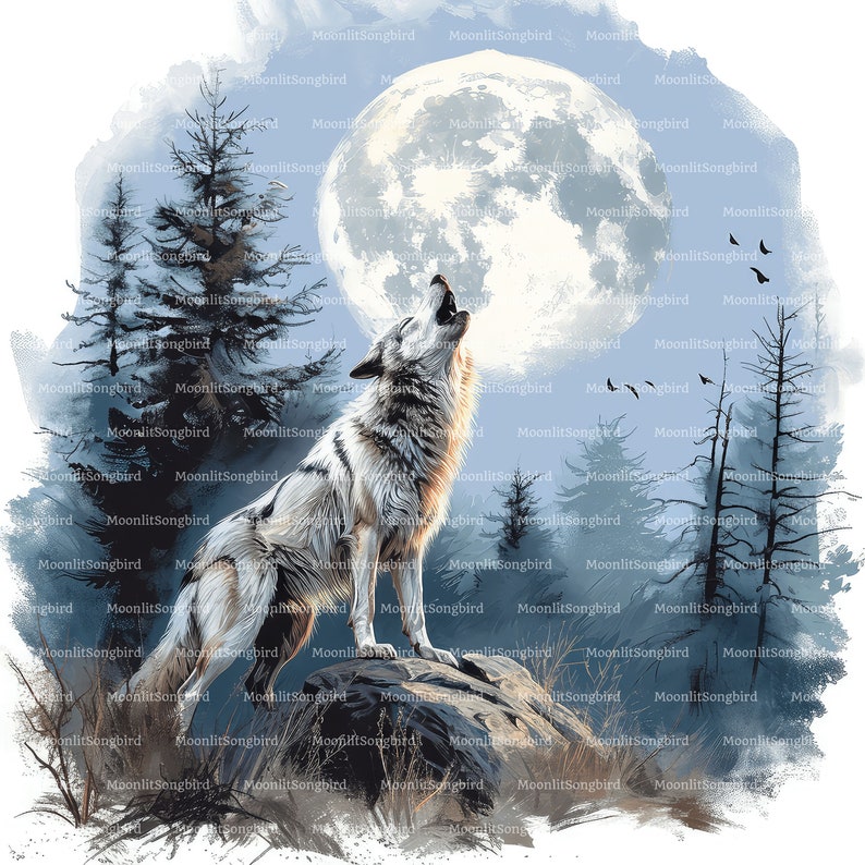 12 Wolf Howling at Moon Clipart, Digital Download, Printable Watercolor ...