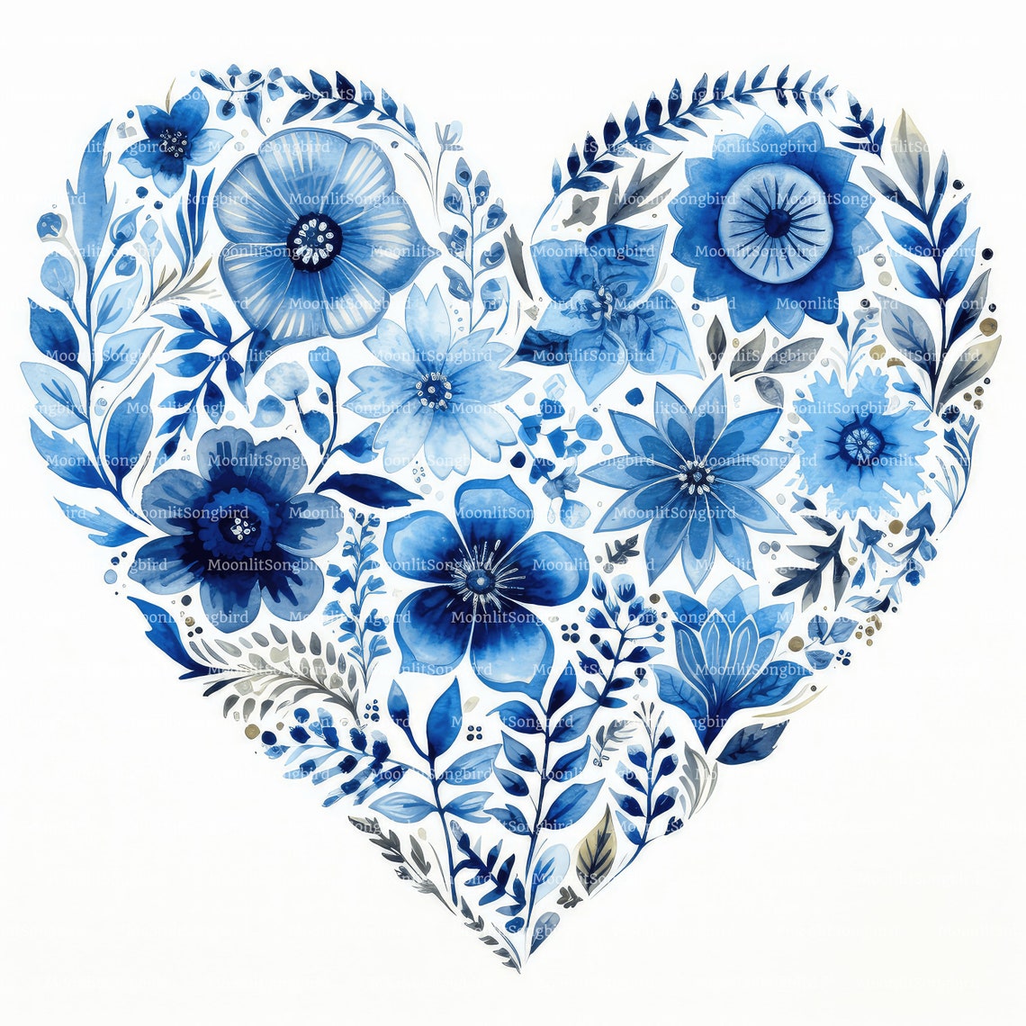 16 Blue Floral Hearts Clipart, Digital Download, Printable Watercolor ...