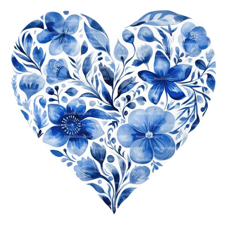 16 Blue Floral Hearts Clipart, Digital Download, Printable Watercolor ...