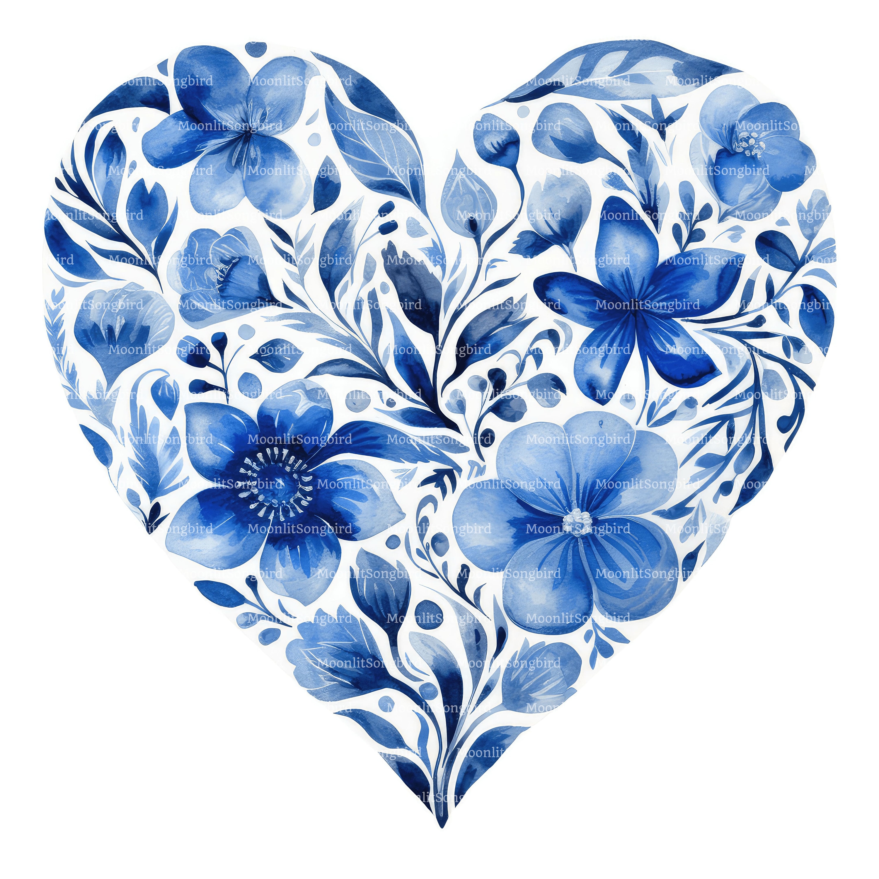 16 Blue Floral Hearts Clipart, Digital Download, Printable Watercolor ...