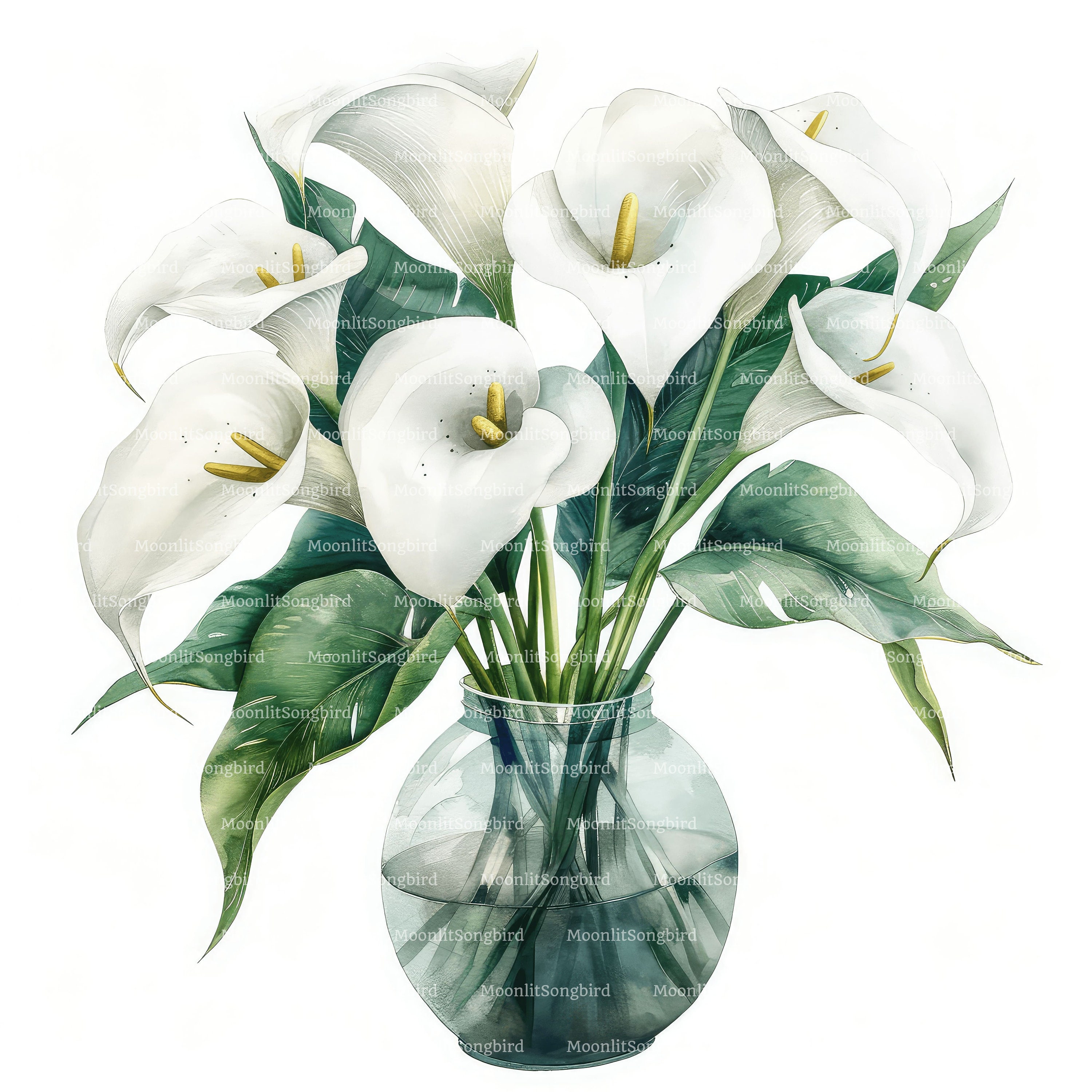 16 Calla Lilies in Vase Clipart, Digital Download, Printable Watercolor ...