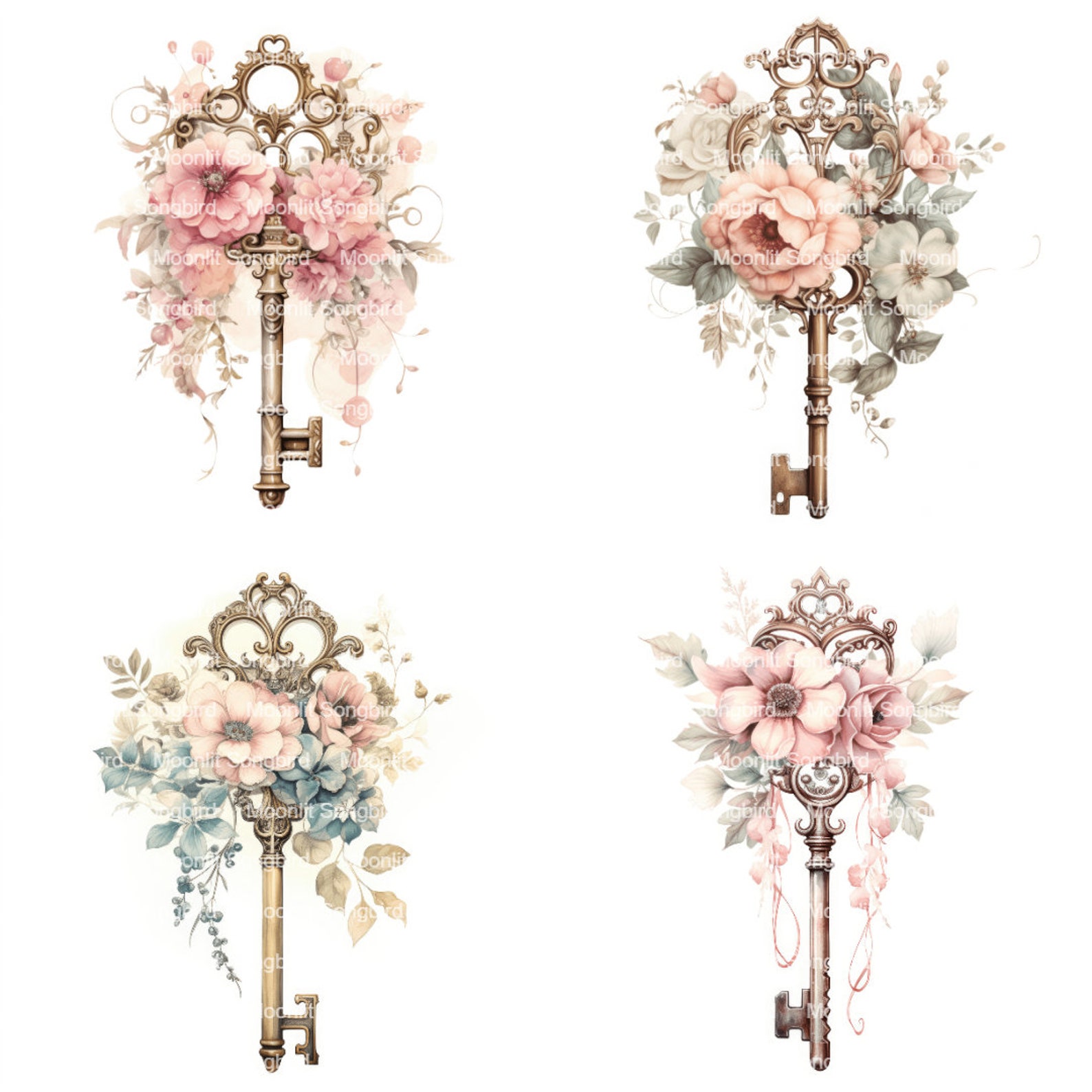 Vintage Key With Flowers Clipart, Printable Watercolor (digital ...
