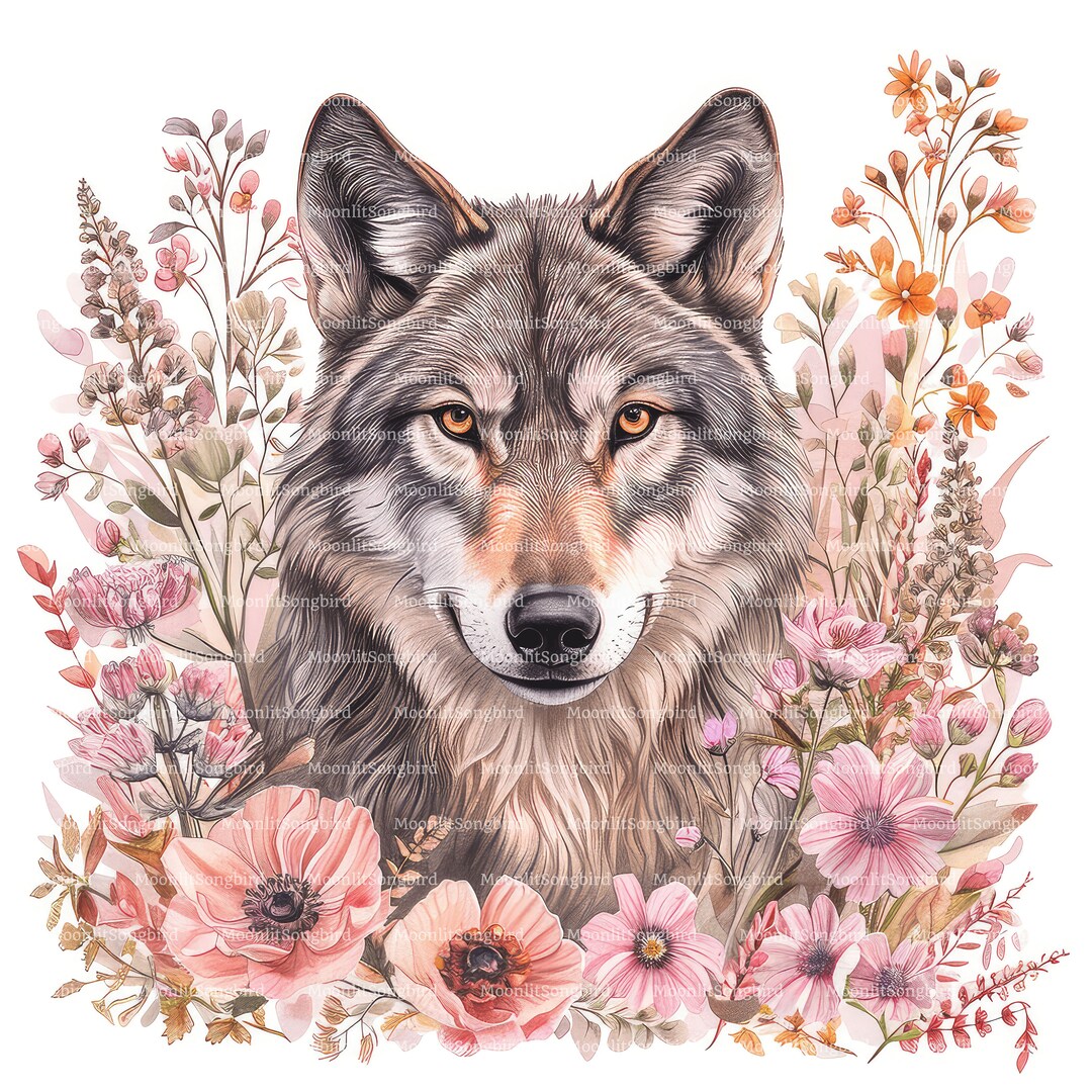 12 Wolf in Flowers Clipart, Digital Download, Printable Watercolor ...