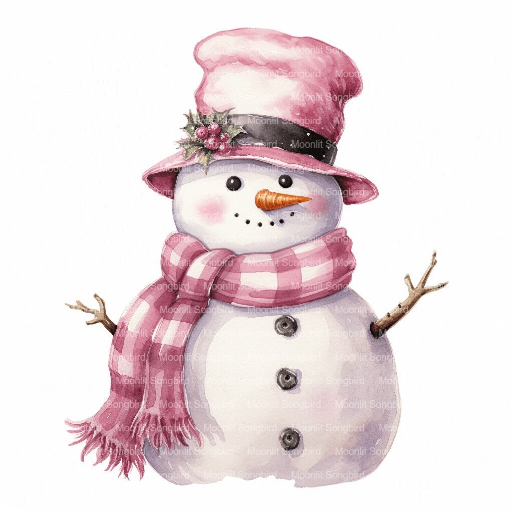15 Pink Snowman Clipart, Digital Download, Printable Winter Watercolor ...