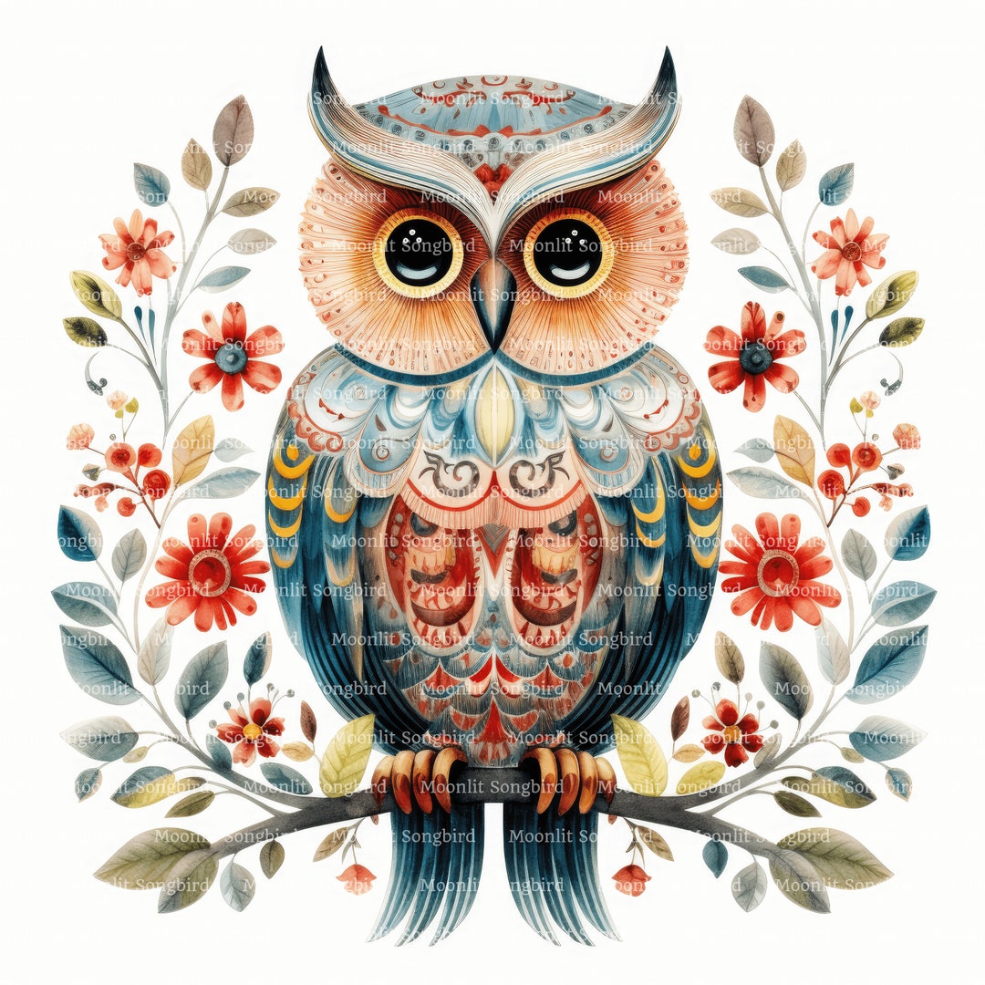 14 Folk Art Owl Clipart, Digital Download, Printable Watercolor Clipart ...